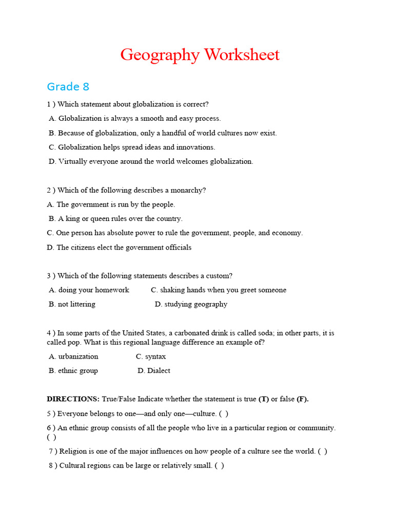 Geography Worksheet Grade 8 | PDF