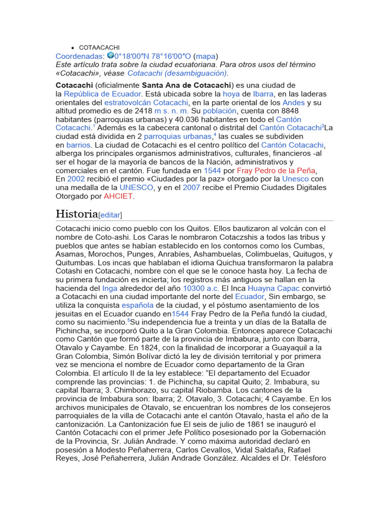 Historia: Cotacachi (Oficialmente Santa Ana de Cotacachi) Es Una Ciudad de | PDF | América del Sur