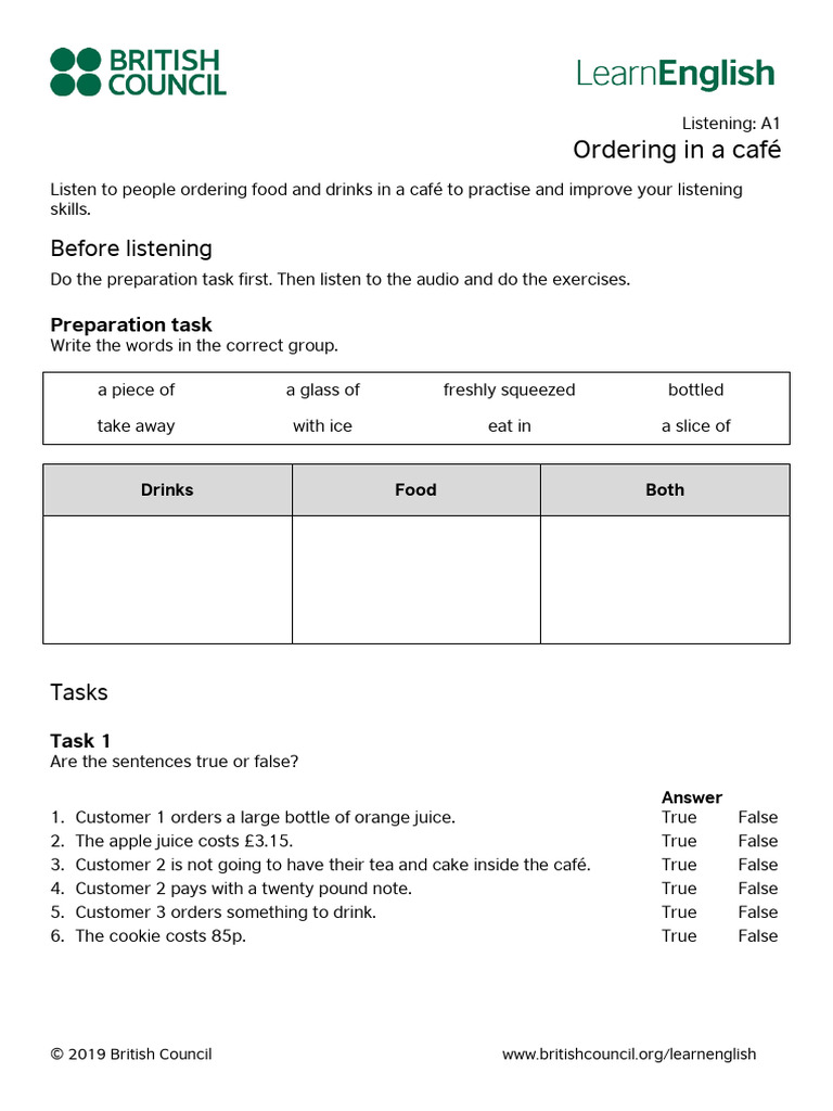 A1 Listening: Ordering in a Café | PDF | Drink | Juice