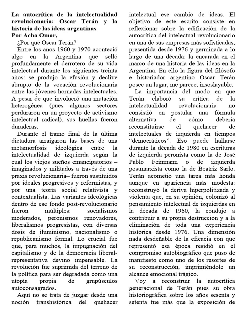 La Autocrítica de La Intelectualidad Revolucionaria Oscar Terán y La ...
