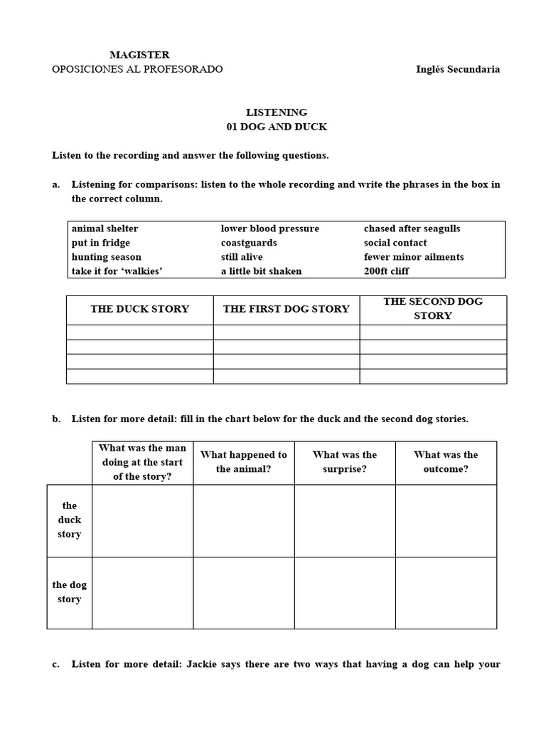 01 Dog and Duck - Questions | PDF | Language Arts & Discipline