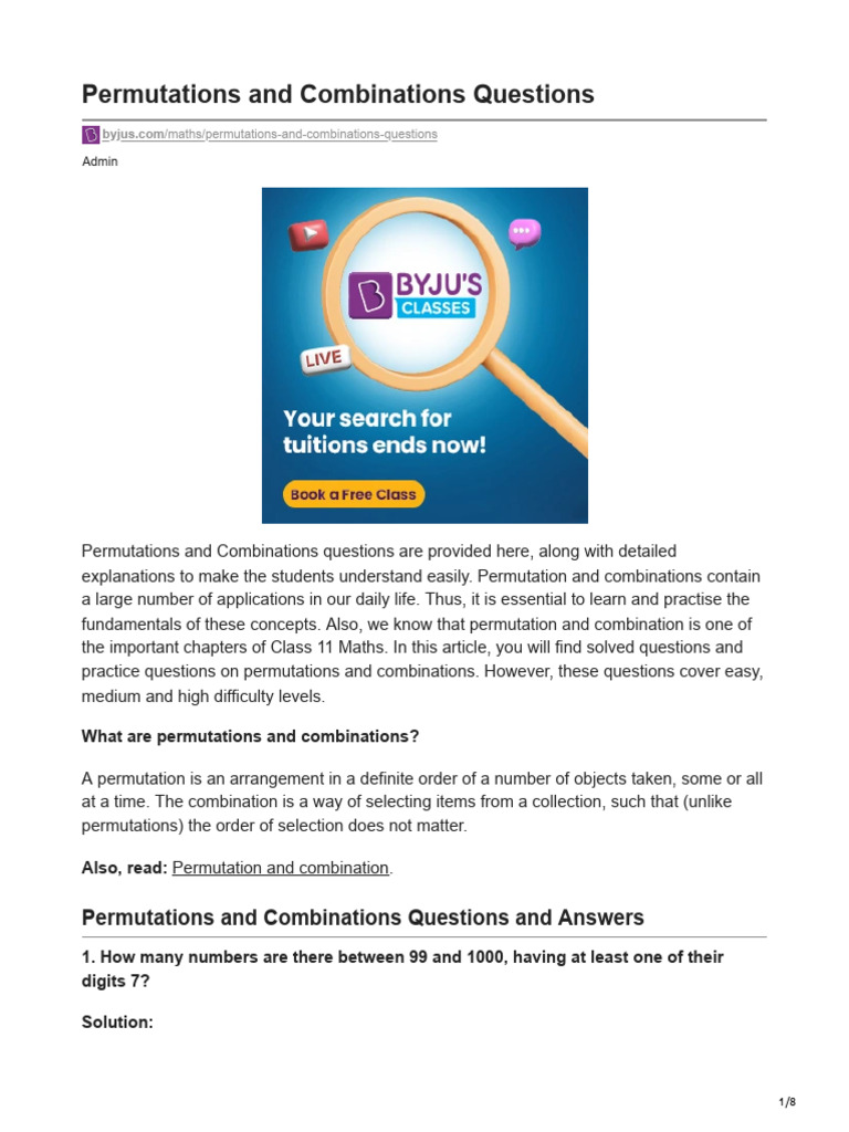 Permutations and Combinations Questions | PDF | Permutation | Numbers