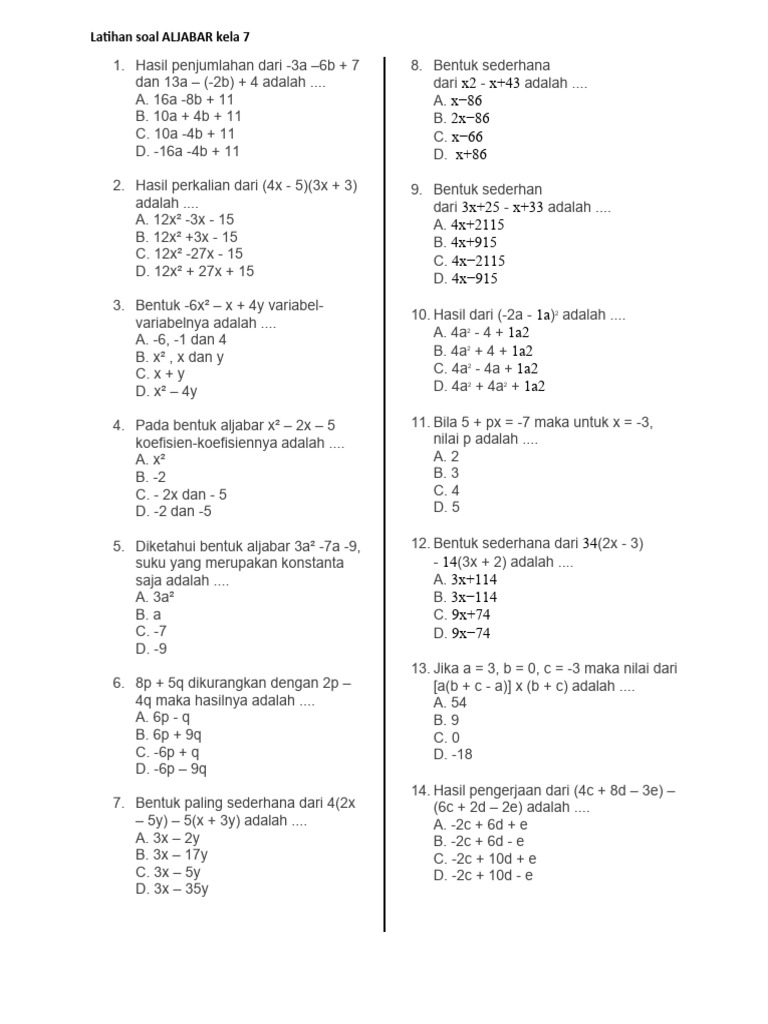 Latihan Soal MTK Kelas 7 | PDF