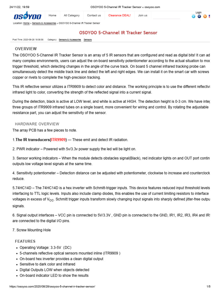 OSOYOO 5-Channel IR Tracker Sensor | PDF | Infrared | Electrical Components