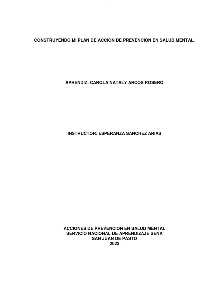 Construyendo Mi Plan de Acción de Prevención en Salud Mental. | PDF