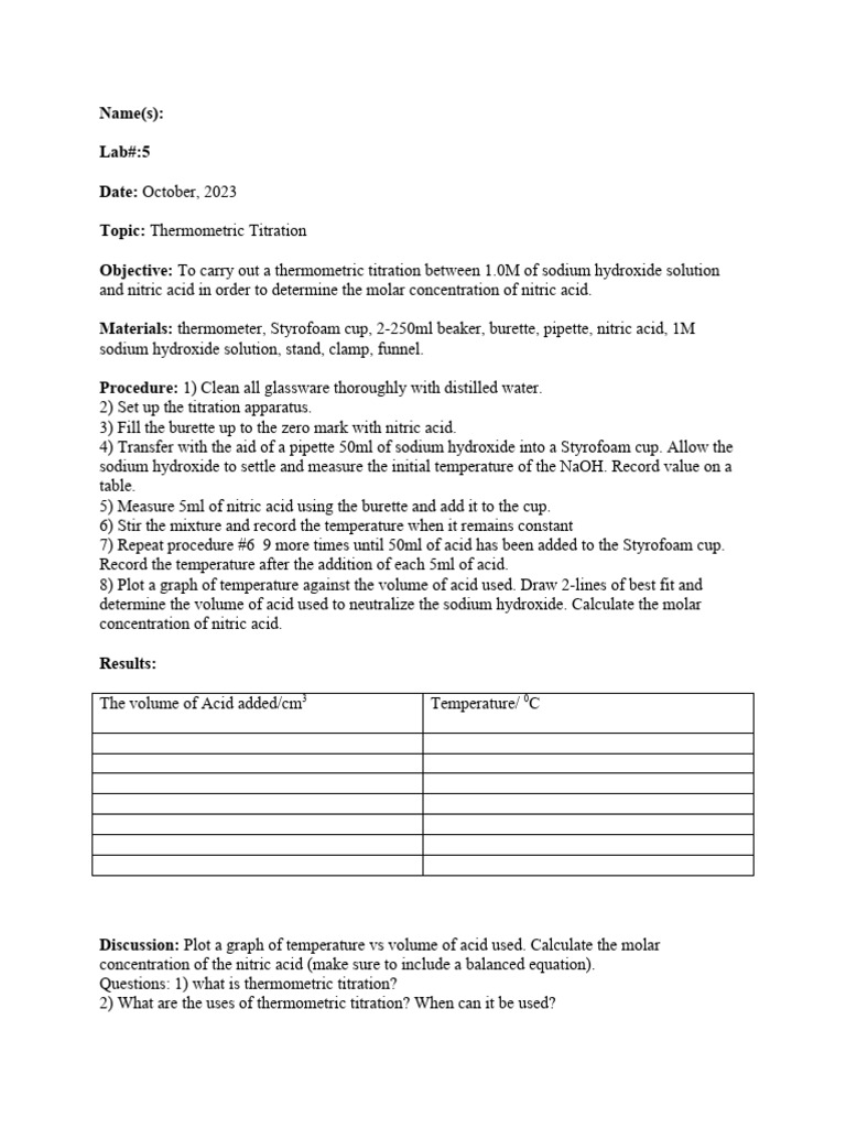 Lab5 Thermometric Lab | Download Free PDF | Titration | Chemistry Lab5 Thermometric Lab | Download Free PDF | Titration | Chemistry