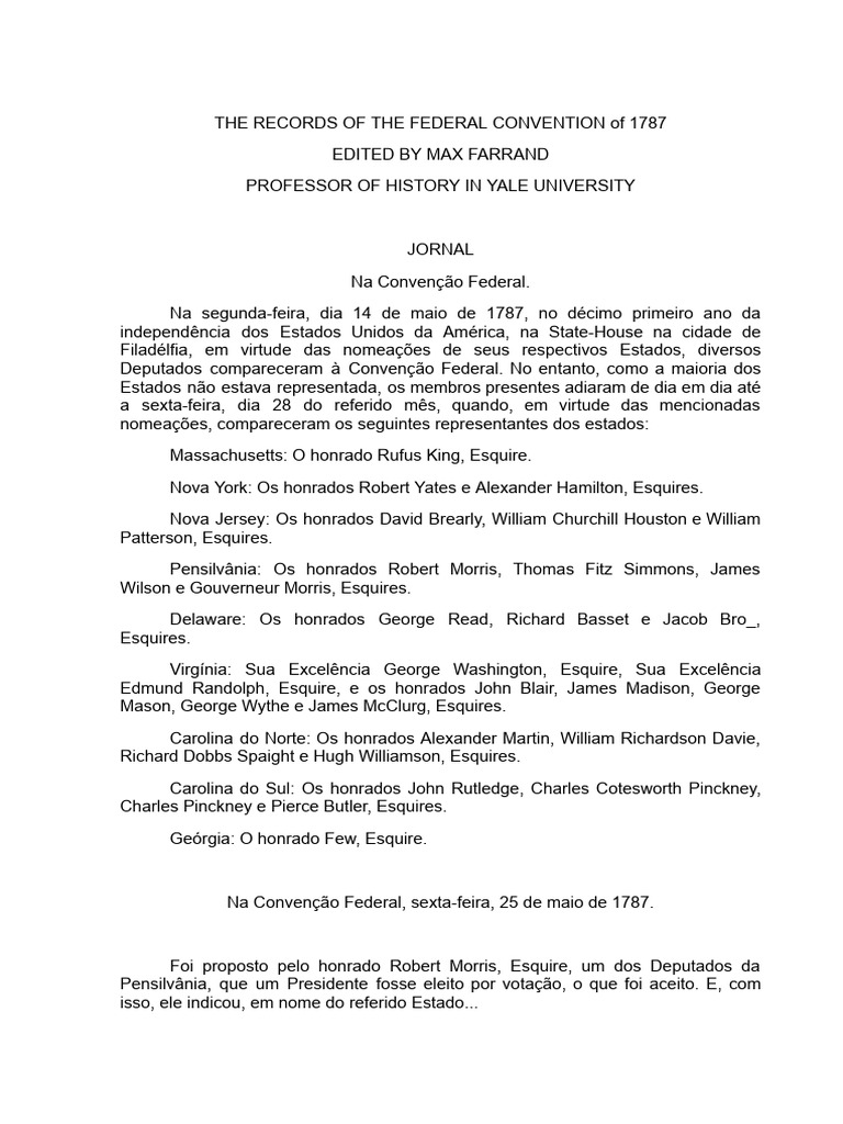 Diário Dos Primeiros Dias Da Convenção Da Filadélfia - Max Farrand ...