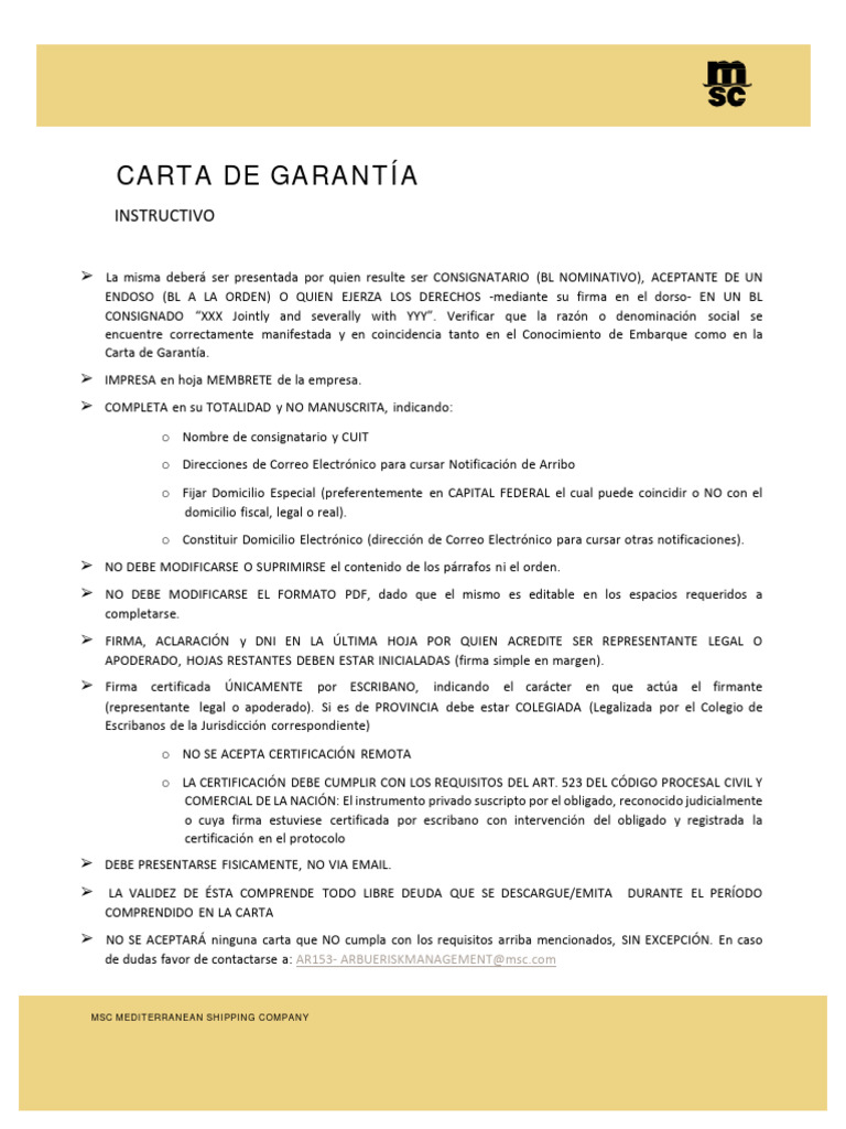 Carta de Garantia Anual de Importacion 2023 | PDF