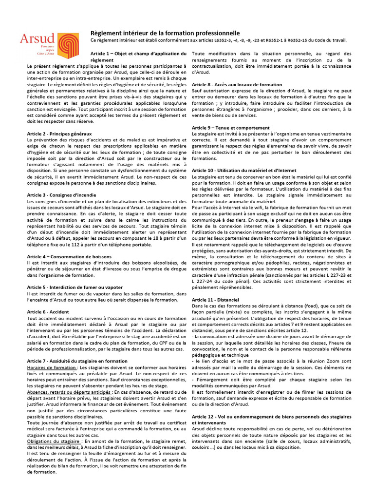 Règlement Intérieur d'Arsud Formation | PDF | Télécommunications | CD-ROM