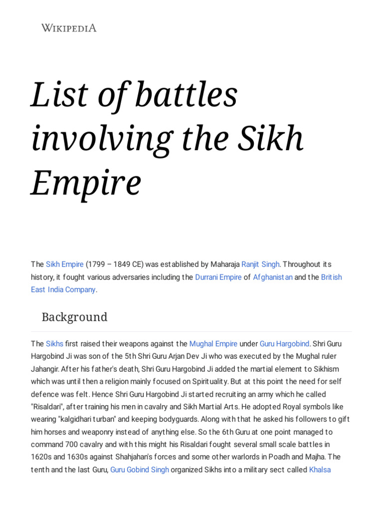 List of Battles Involving The Sikh Empire - Wikipedia | PDF | Battles ...