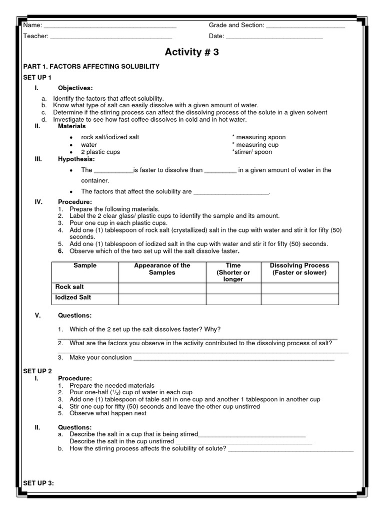 Activity 3 Factors Affecting Solubility & Saturated Unsaturated ...