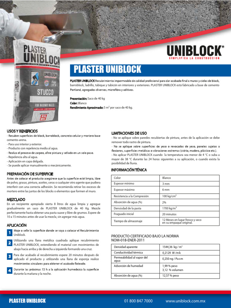 Usos y beneficios del Plaster Uniblock | PDF | Pintar | Agua