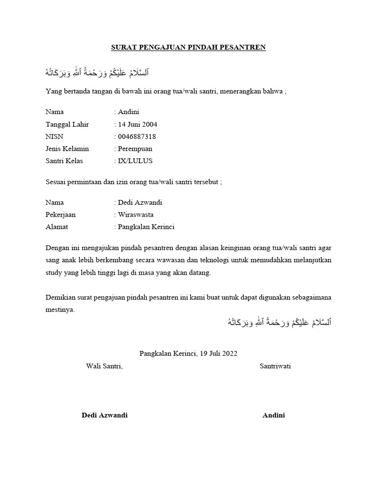 Surat Pindah Pesantren | PDF