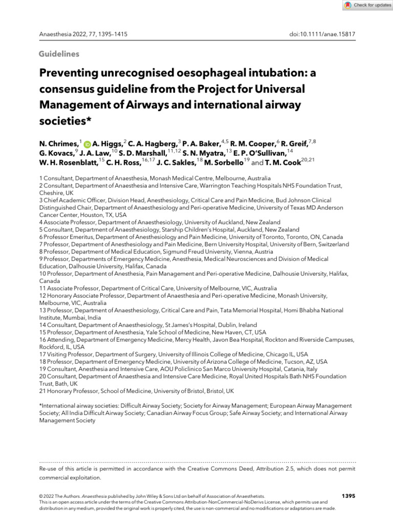Anaesthesia - 2022 - Chrimes - Preventing Unrecognised Oesophageal ...