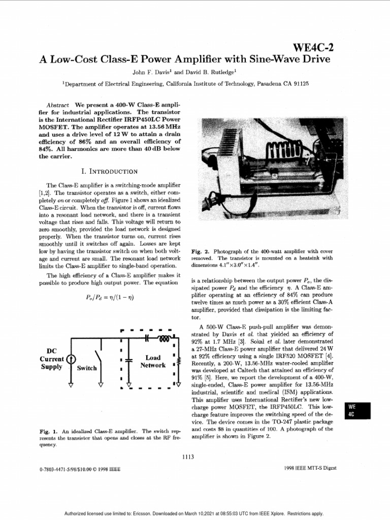 A Low-Cost Class-E Power Amplifier With Sine-Wave Drive | PDF | Science ...