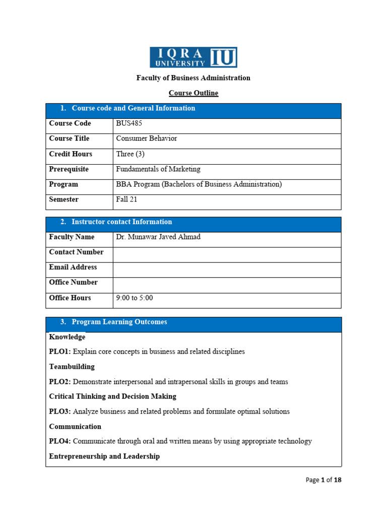 Consumer Behaviour - Course Outline | PDF