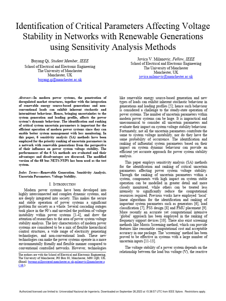 Identification of Critical Parameters Affecting Voltage Stability in Networks With Renewable ...