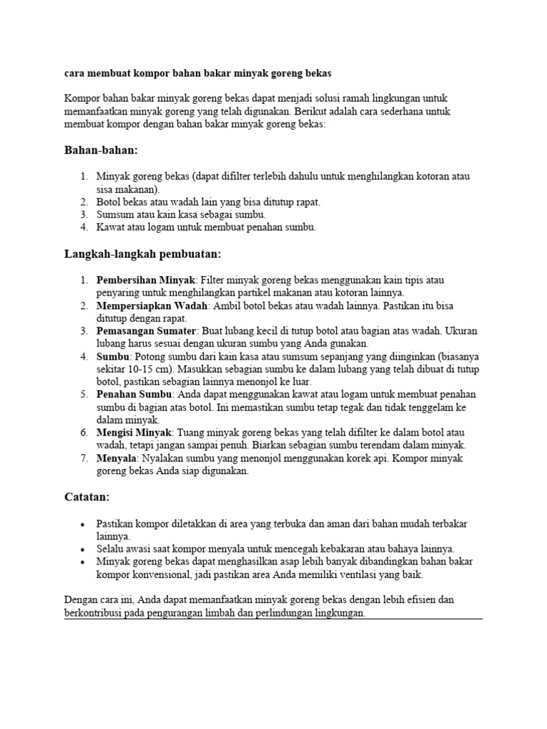 Cara Membuat Kompor Bahan Bakar Minyak Goreng Bekas Pdf