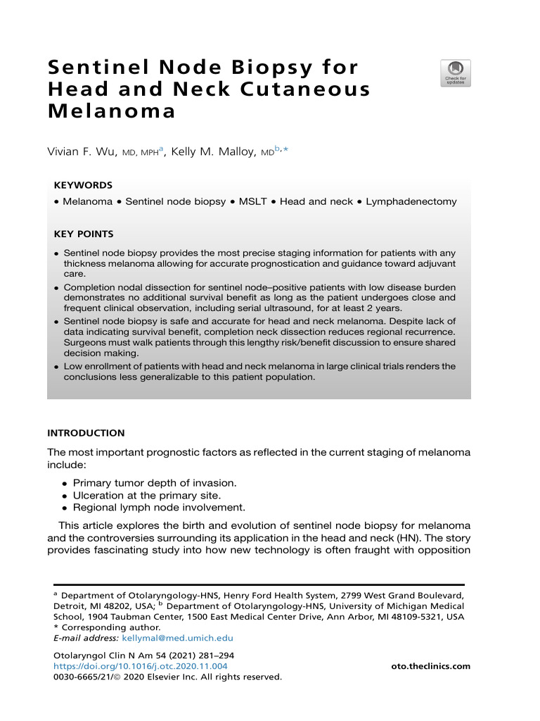 Sentinel Node Biopsy For Head and Neck Cutaneous Melanoma | PDF