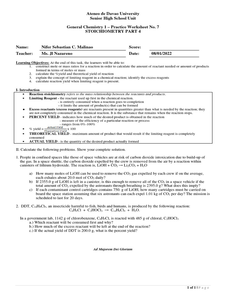 Practice Worksheet 7 - Malinao - Fernando | PDF | Stoichiometry | Physical Sciences