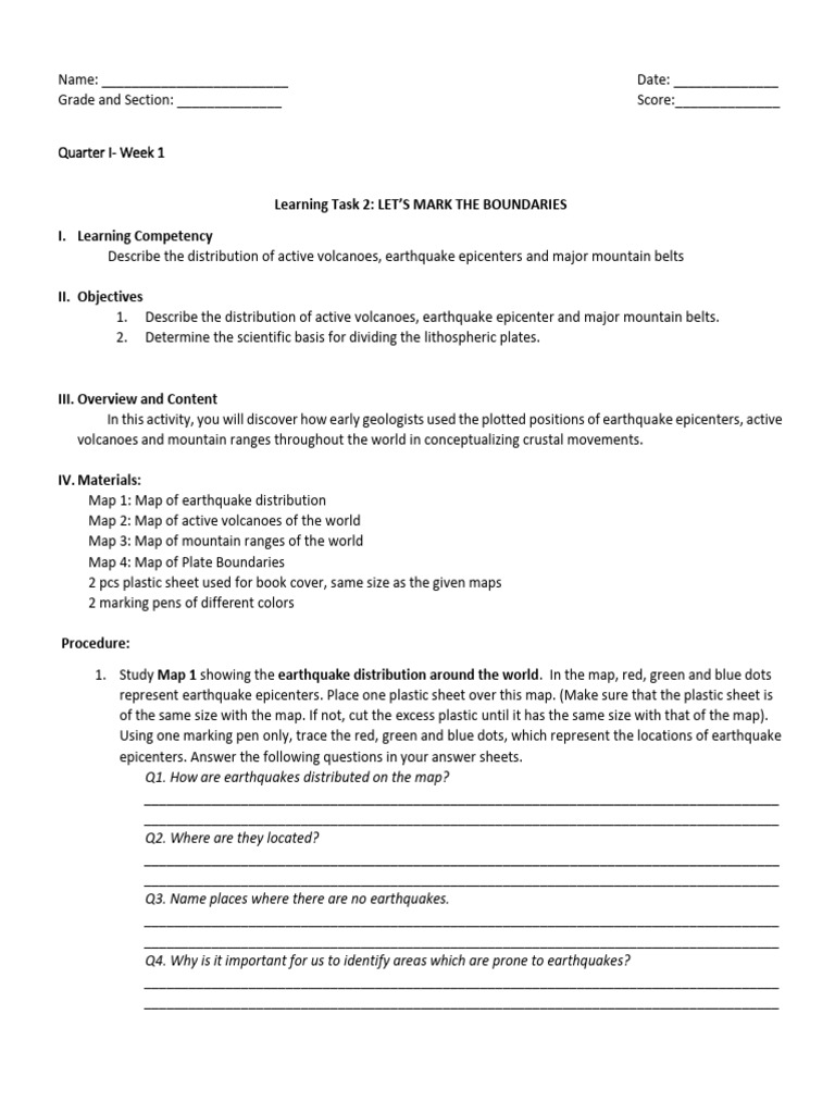 LC 1 Learning Task 2 Lets Mark The Boundaries | PDF | Volcano | Plate Tectonics