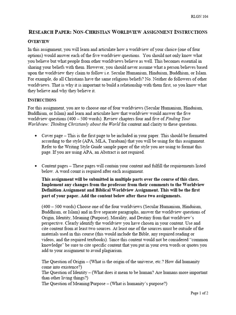 Research Paper Non-Christian Worldview Assignment Instructions | PDF | Apa Style | Morality