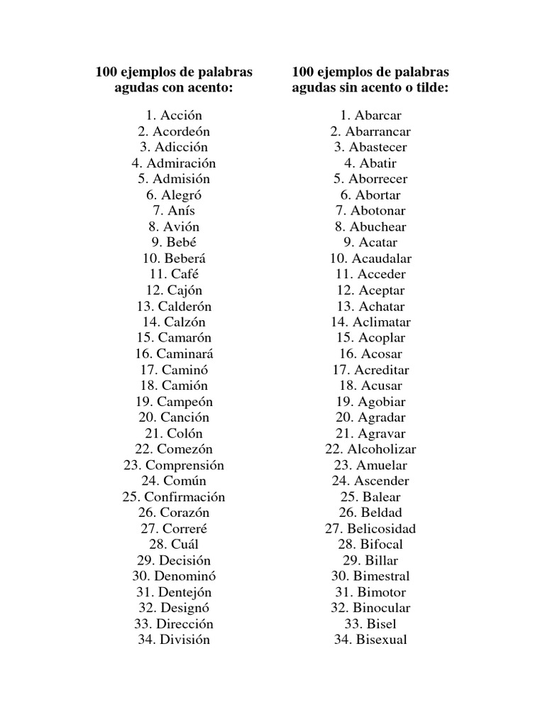 100 Ejemplos de Palabras Agudas Con Acento | PDF