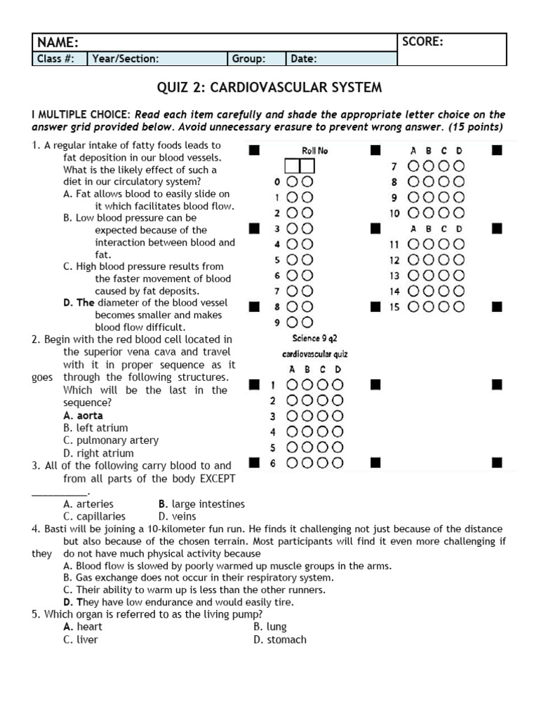 Science 9 1st Quiz 2 Cardiovascular System With Evalbee | PDF | Heart ...