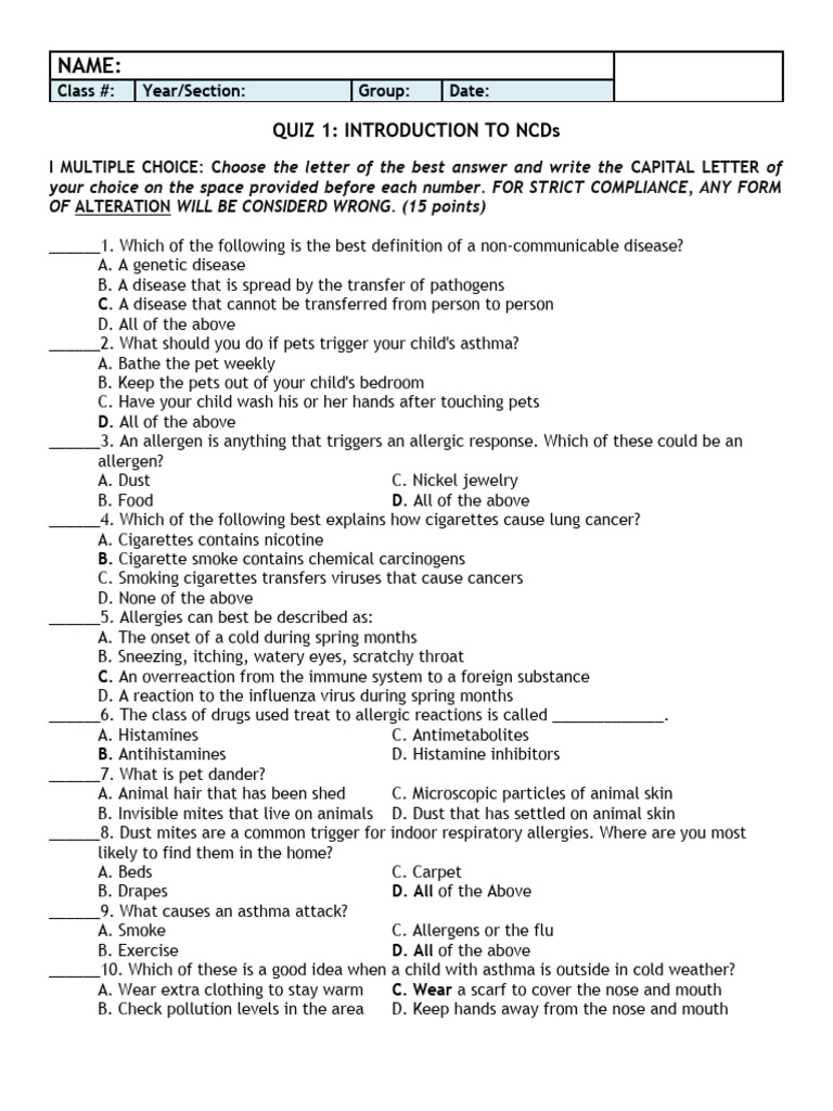 Health 7 4th Quiz 1 NCDs Intro | PDF | Allergy | Allergen