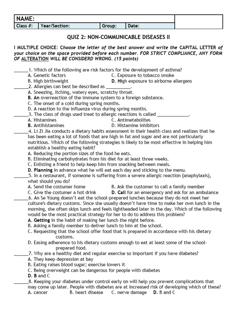 Health 7 4th Quiz 2 NCDs II | PDF | Cardiovascular Diseases | Allergy