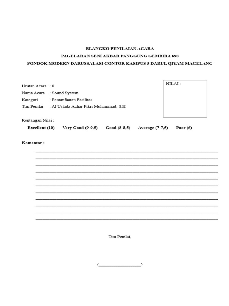 Blangko Penilaian Per Acara Panggung Gembira 698 | PDF