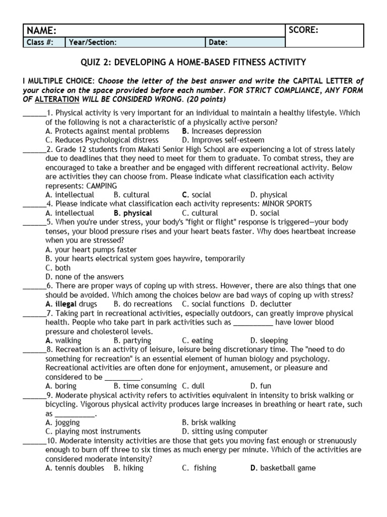 Pe & Health 11 Finals Quiz 2 Developing A Home-Based Activity | Download Free PDF | Stress ...