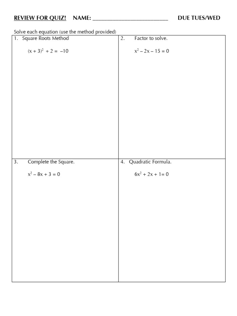 16 Quiz Review Quadratic Equations | PDF | Quadratic Equation ...