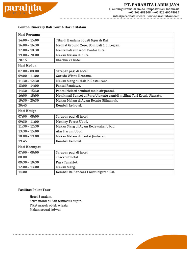 Contoh Itinerary Bali 4 Hari 3 Malam | PDF