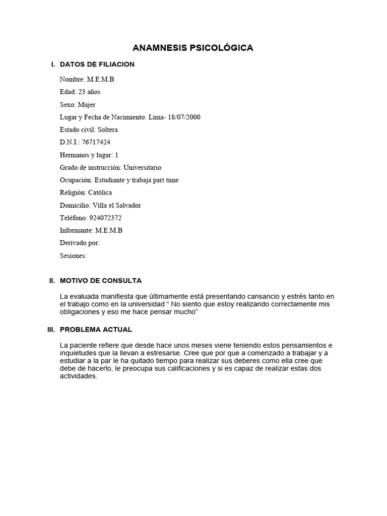 Formato de Anamnesis Psicológica | PDF | Pecho