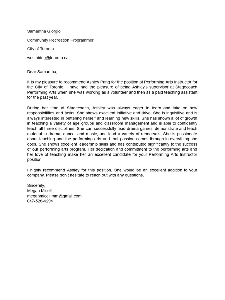 Reference Letter Ashley Pang 2023 Performing Arts Instructor | PDF
