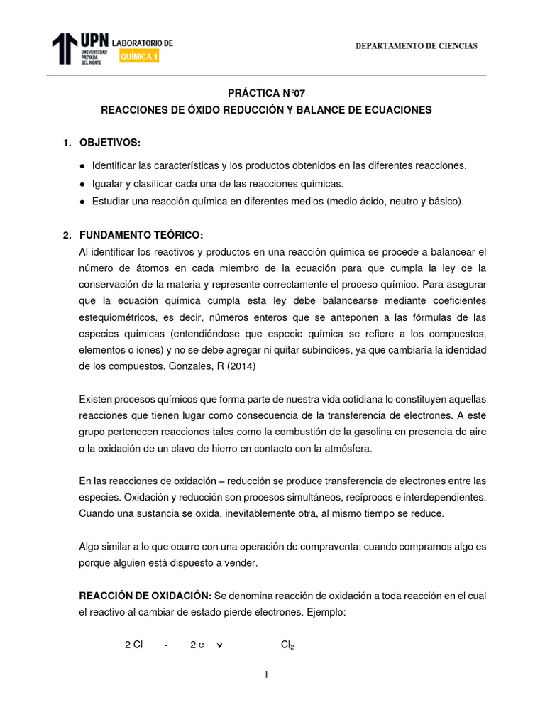 Guía Practica 07 - Reacciones de Oxido Reducción | PDF | Redox | Reacciones químicas
