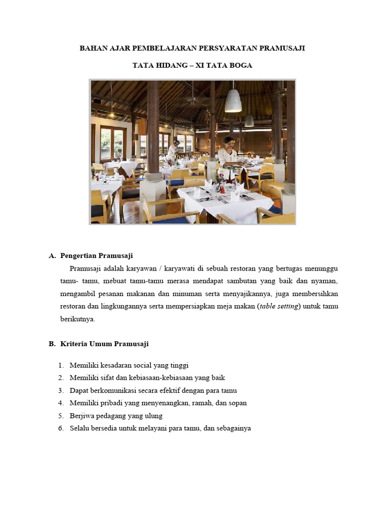 Bahan Ajar Pembelajaran Persyaratan Pramusaji | PDF