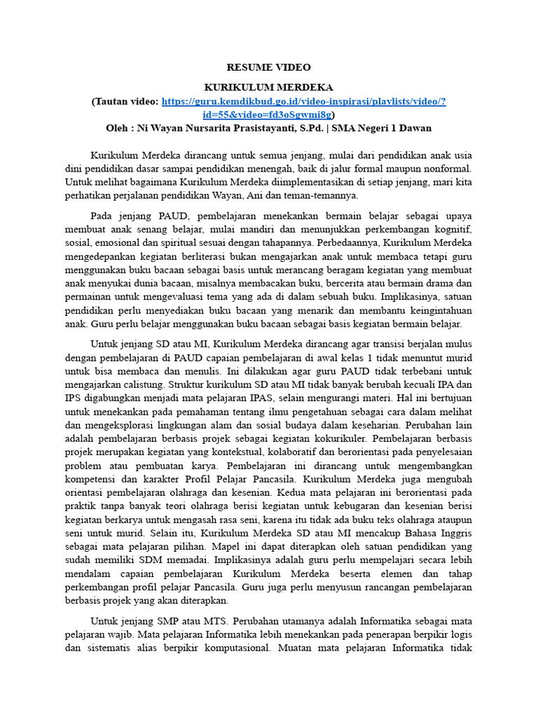 Resume Video Kurikulum Merdeka - Ni Wayan Nursarita Prasistayanti | PDF
