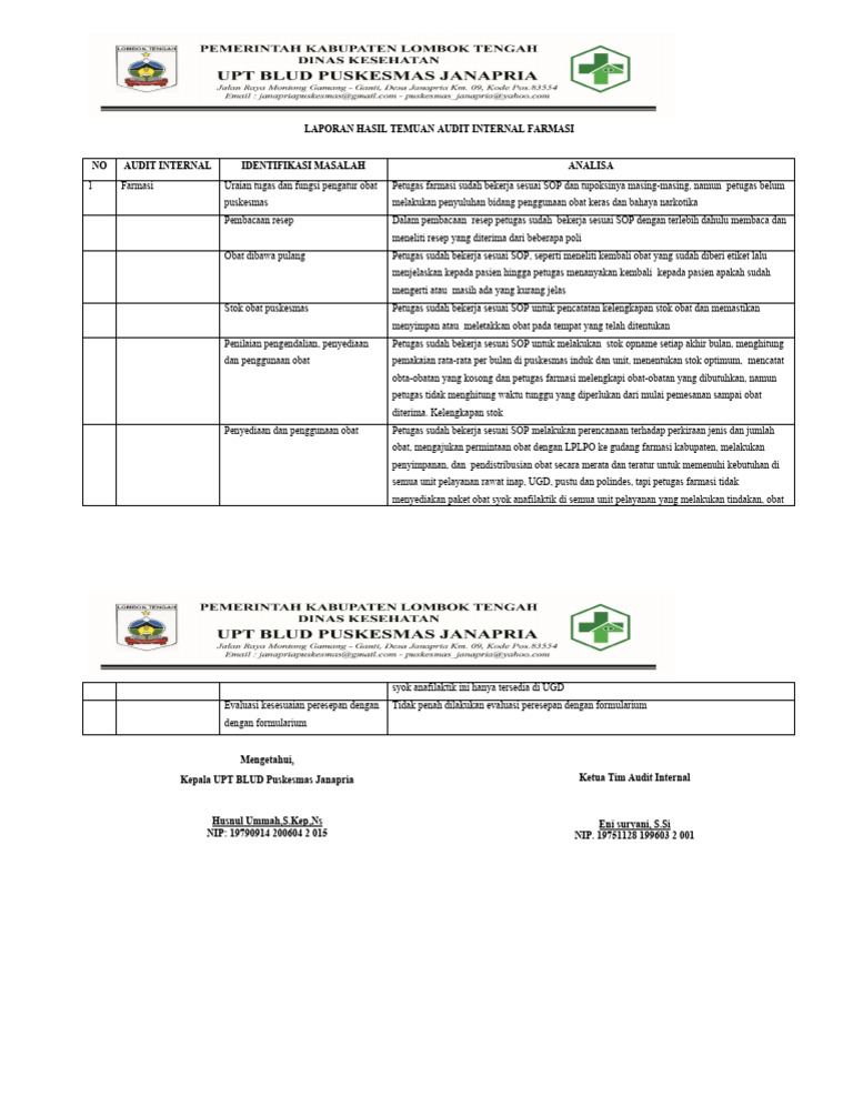 Laporan Hasil Temuan Audit Internal Farmasi | PDF | Pengembangan Diri