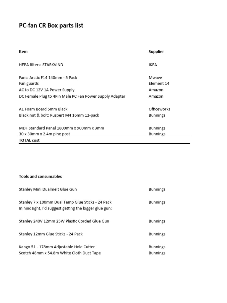 CK Parts List - PC Fan CR Box | PDF | Manufactured Goods