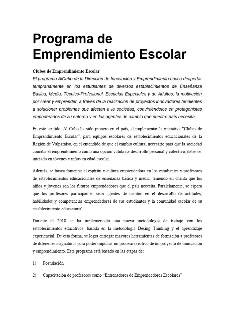 Programa de Emprendimiento Escolar | PDF | Iniciativa empresarial | Educación primaria