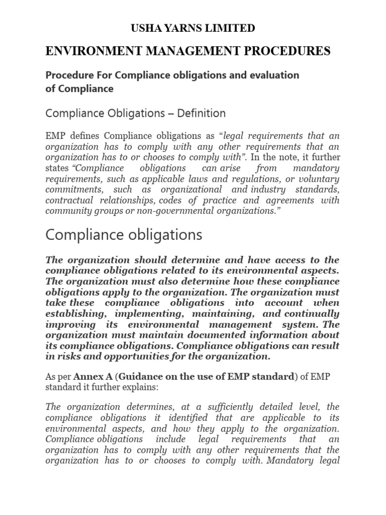 Procedure For Compliance Obligations and Evaluation | PDF