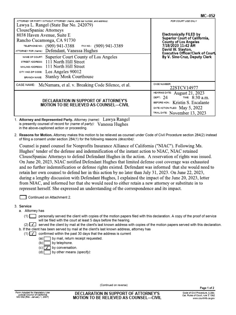 Declaration in Support of Attorney's Motion To Be Relieved As Counsel ...
