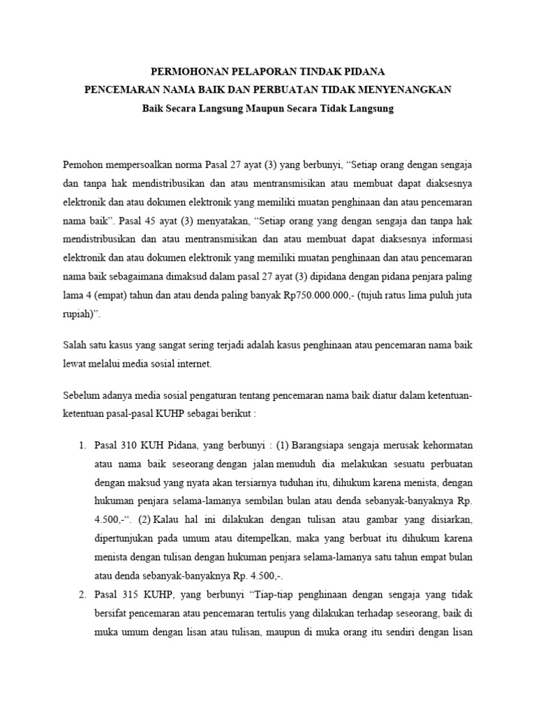 PERMOHONAN PELAPORAN TINDAK PIDANA FITNAH DAN PENCEMARAN NAMA BAIK, Serta Hak Asasi Manusia ...