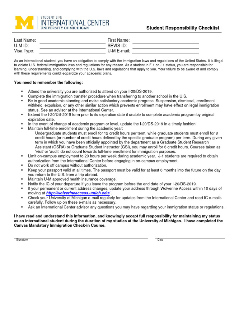 MCI Student Responsibility Checklist | PDF | Finance & Money Management