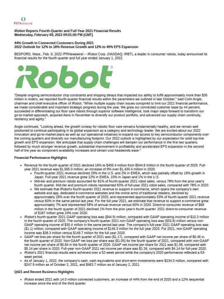 Irobot Reports Fourth-Quarter and Full-Year 2021 Financial Results ...