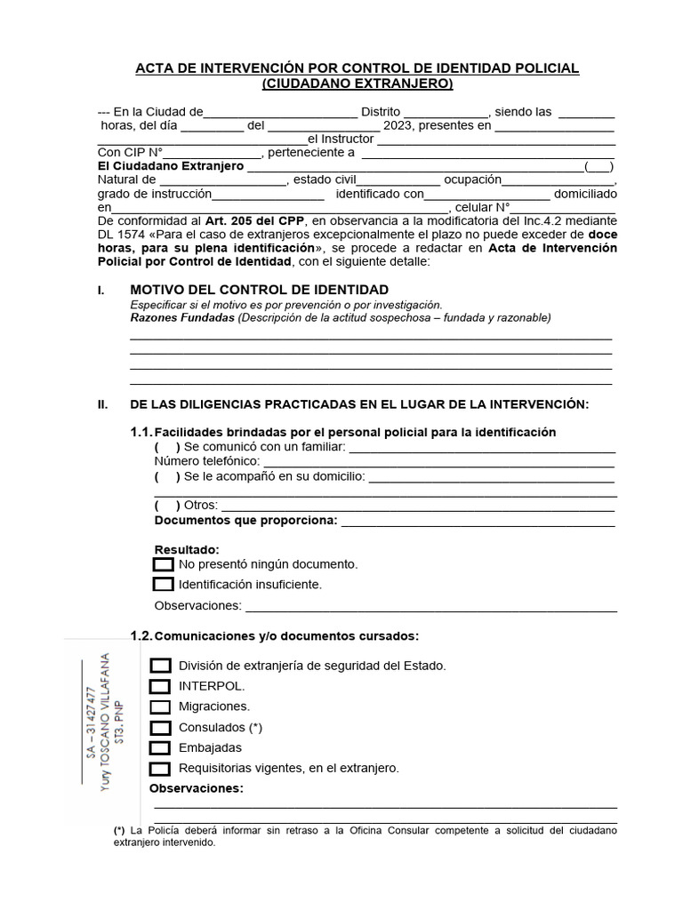 Acta de Intervención Por Control de Identidad - Extranjero Yury Toscano - JURISPOL | PDF ...