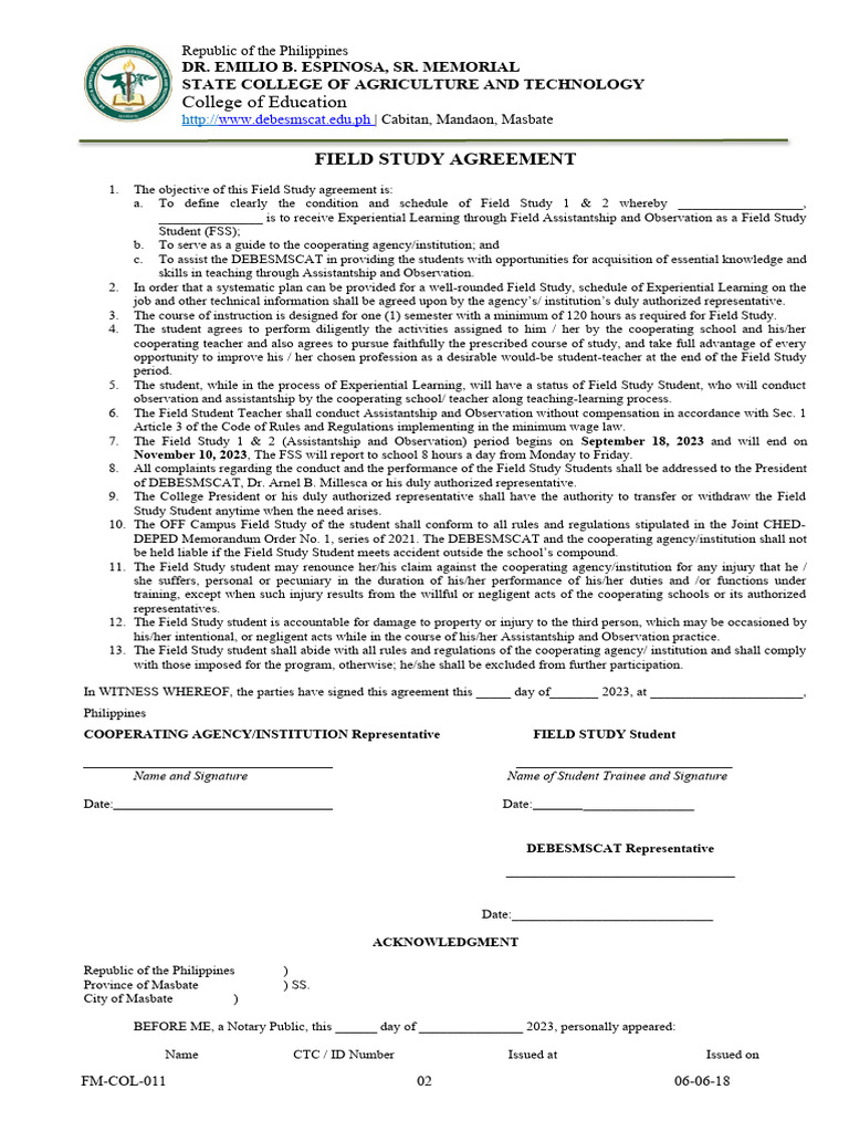 New Field Study Agreement | PDF | Teachers | Common Law