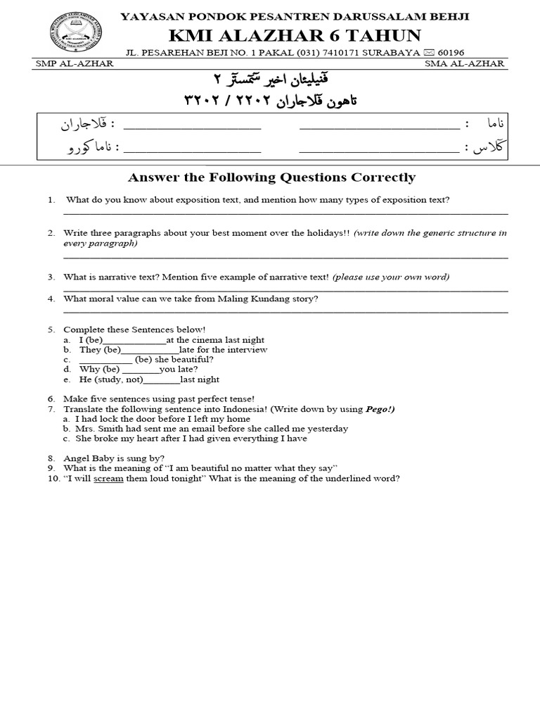 Kmi Alazhar 6 Tahun: Answer The Following Questions Correctly | PDF